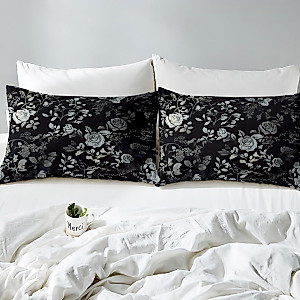 Feelyou Rose Sheet Set Full Size Kids Rose Floral Print Sheets with Deep Pocket Fitted Sheet for Boys Girls Teens Romantic Flowers Pattern Bed Sheets Set Black Bedding Set