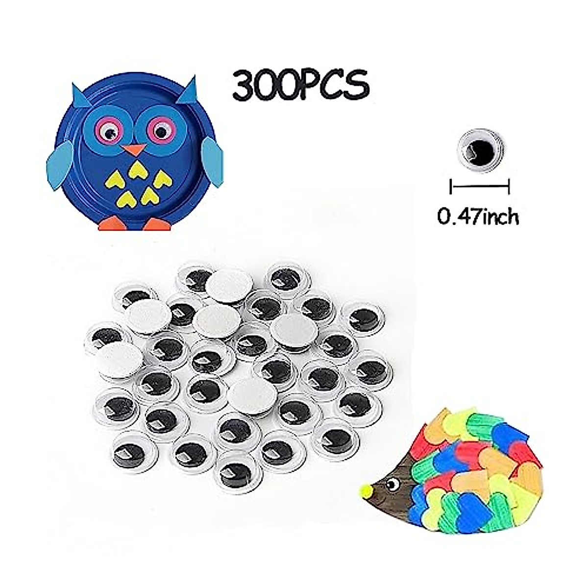 Vivixin Googly Eyes Self Adhesive 300pcs, Black Plastic Wiggle Googly Eyes for Crafts, Wiggle Googly Eyes, Large Googly Eyes Sticker for DIY (12mm)
