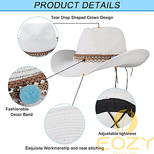Straw Cowboy Hat for Women Men Girls Roll up Wide Brim Western Cowgirl Summer Beach Sun Hats White