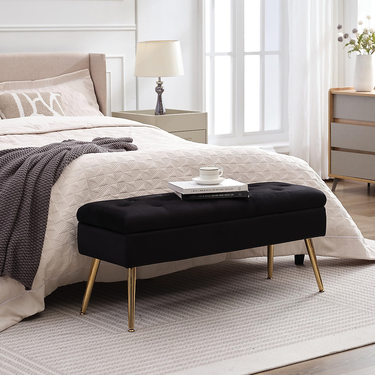 TENLLEY Storage Bench-Entryway Bench,Ottoman for Bedroom End of Bed,Modern Velvet Benche Bedroom Benches for Foot of Bed,Upholstered Bench with Golden Legs 40" Black