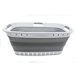 SAMMART 44L (11.62 gallons) Collapsible Plastic Laundry Basket - Foldable Laundry Hamper-Portable Storage Container/Organizer - Pop Up Saving (White/Grey)