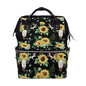 WIHVE Doctor Bag Backpack Sunflower Skull Feather Horn Large Diaper Bag School Travel Backpack
