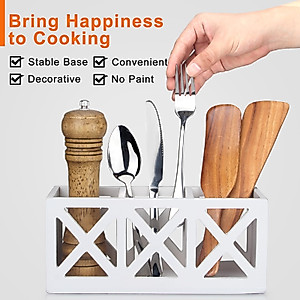 Wooden Cutlery Silverware Holder Flatware Utensil Caddy Wood Silverware Organizer Storage Containers for Kitchen Countertop, Forks, Spoon, Knives Kitchen Utensil Holder White Silverware Caddies