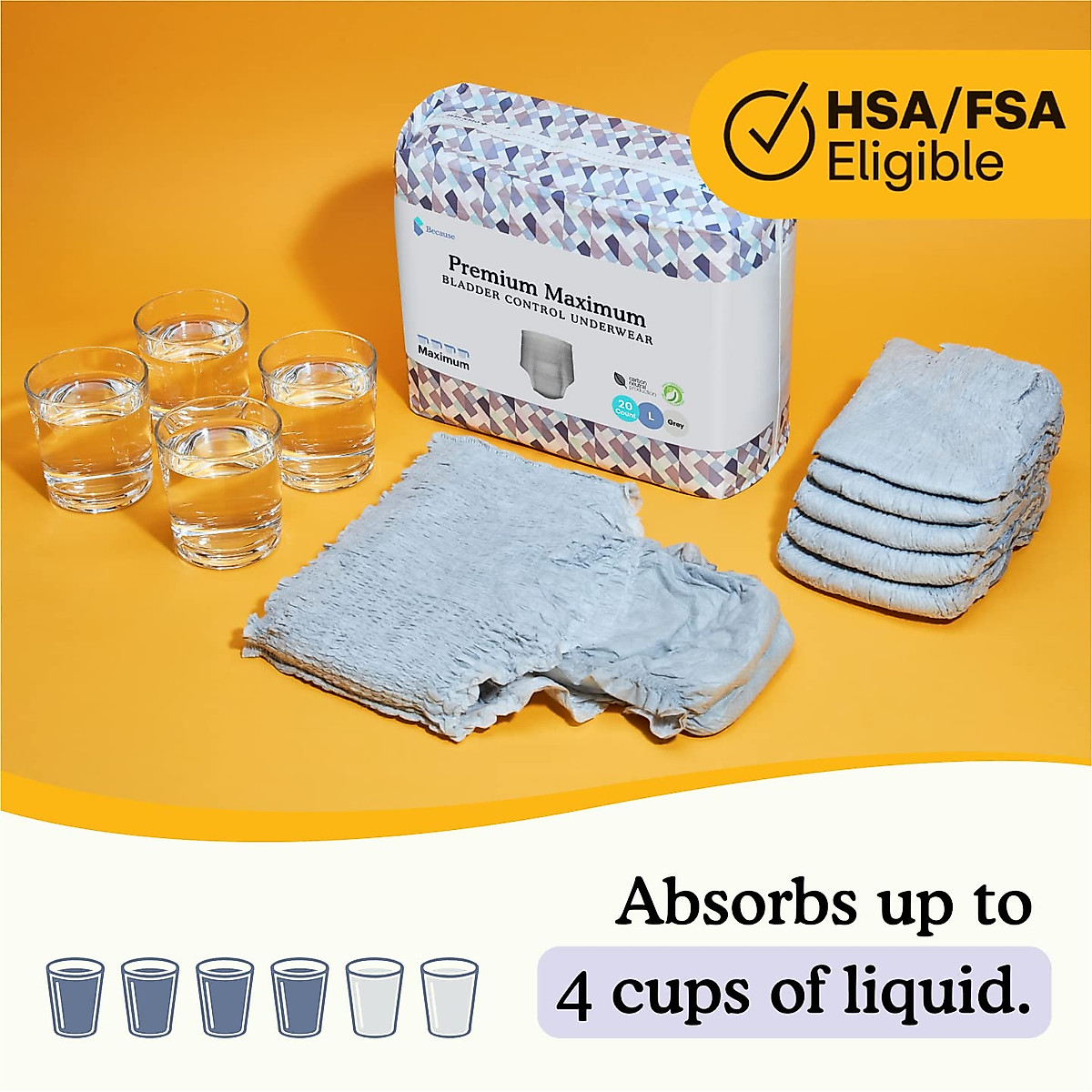 Because Maximum Incontinence Underwear for Men - Heavy Bladder Leak Protection, Ideal for Overnight Leakage, Sleek, Invisible Fit, Grey, Small/Medium -Absorbs 4 Cups - 80 Count (4 Packs of 20)