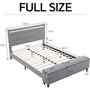 Kallabe Full Size Bed Frame with Ottoman, Upholstered Headboard with LED Lights and USB Ports, Noise-Free Bed Frame with Solid Wooden Slats Support, No Box Spring Needed, Easy Assembly, Grey