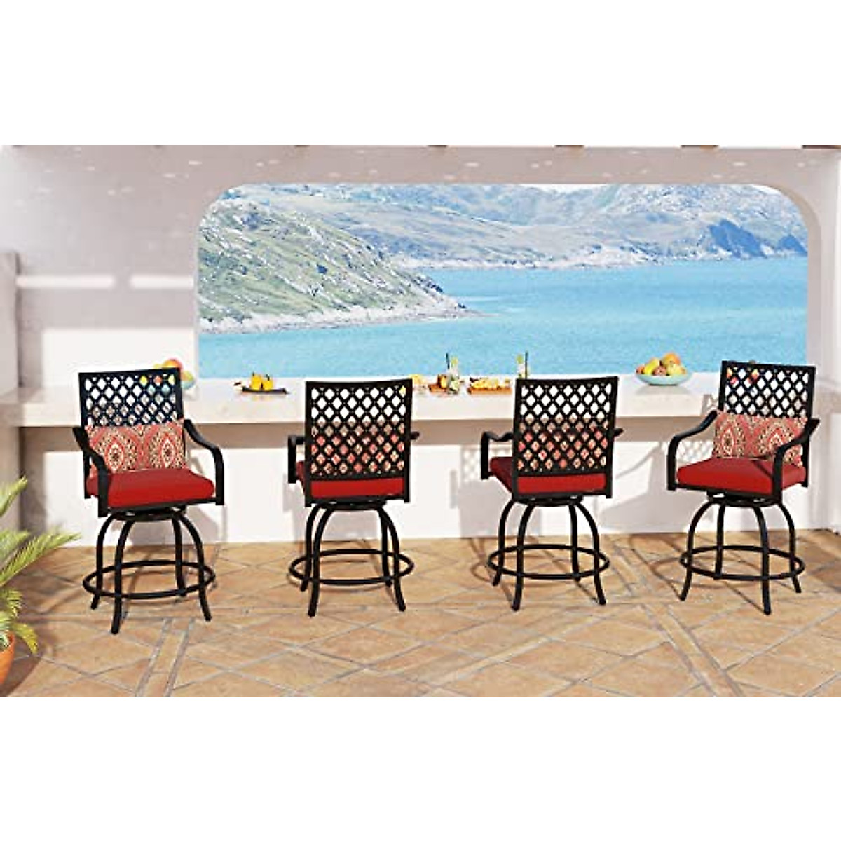 PHI VILLA Patio Stools Set of 4 with Red Cushions,Outdoor Metal Swivel Bar Height Chairs for Home Patio, Back Yard, Cafes, Bistro, Restaurants and Chic Bars