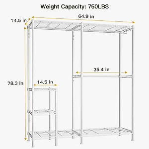 Ulif E2 Heavy Duty Garment Rack, 4-Tier Adjustable Free Standing Closet, Closet Organizers and Storage with 3 Hanger Rods for Bedroom and Cloakroom, 65”W x 14.5”D x 78.3”H, Load Capacity 750LBS, White