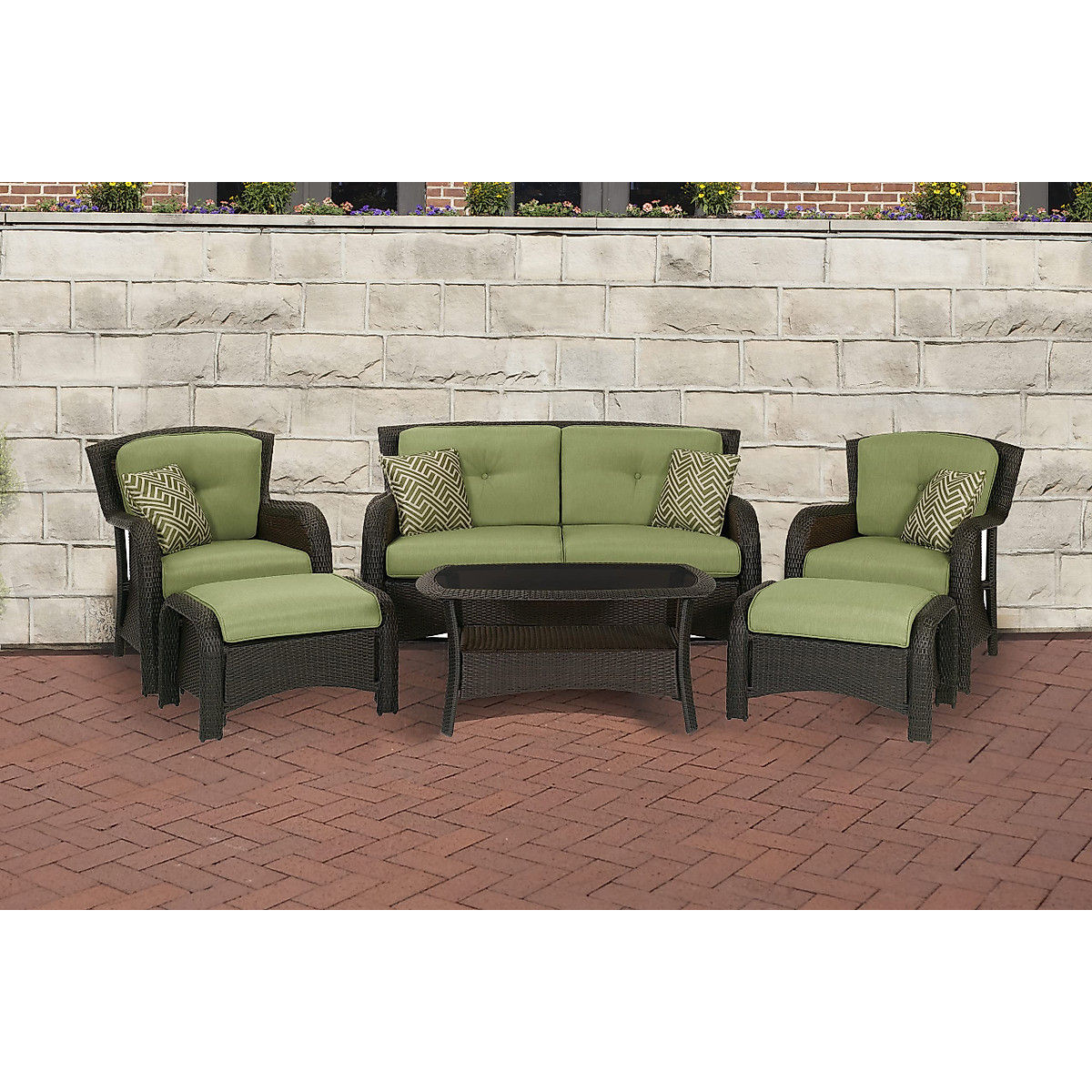 Cambridge Corrolla 6-Piece Outdoor Conversation Set, Modern Luxury Furniture for Patio, Deck, Sunroom, Loveseat, Coffee Table, 2 Chairs, 2 Ottomans, Plush Green Cushions, Patio Furniture Set