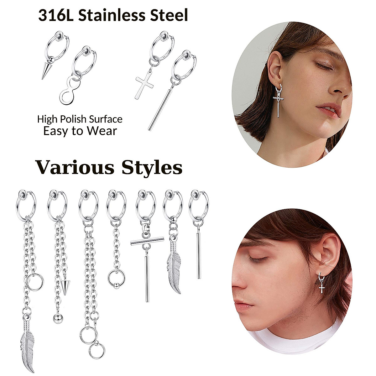 Magitaco 10 Pieces Hoop Dangle Earrings for Men Women Clip On Earrings Non Piercing Stainless Steel Dangle Hinged Hoop Earrings Long Chain Pendant Earrings Silver Kpop Earrings