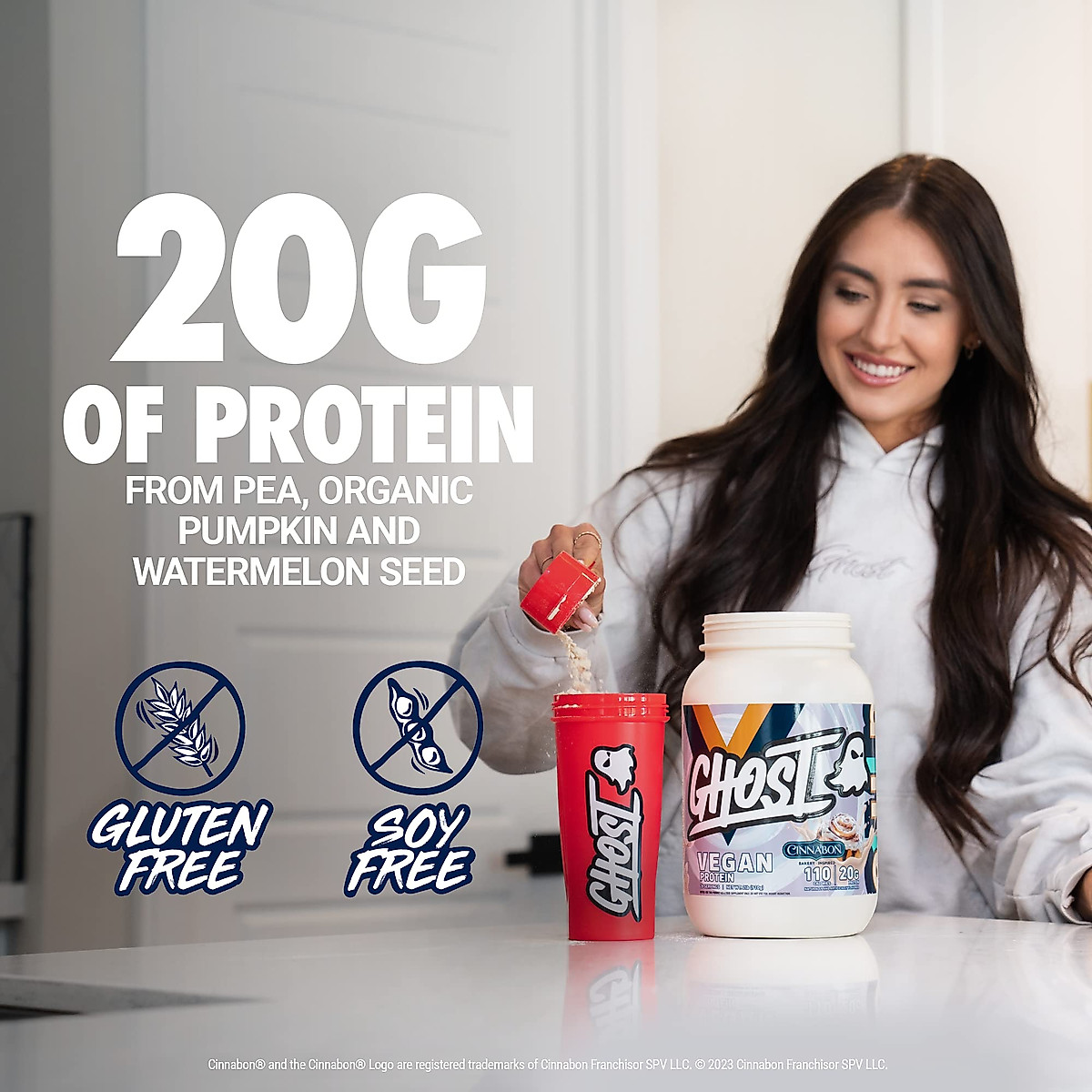 GHOST VEGAN Protein Powder, Cinnabon - 2lb, 20g of Protein - Plant-Based Pea & Organic Pumpkin Protein - ­Post Workout & Nutrition Shakes, Smoothies, & Baking - Soy & Gluten-Free