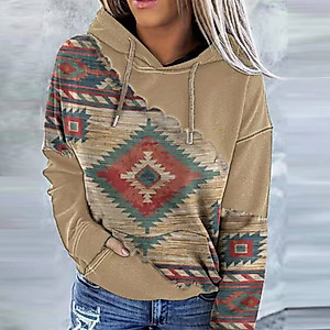 ZDRZK lighten sweatshirt for women zip up Womens Long Sleeve Hooded Sweatshirt Trendy 2023 Western Aztec Print Pullover Hoodies Casual y2k Clothes Khaki 2X