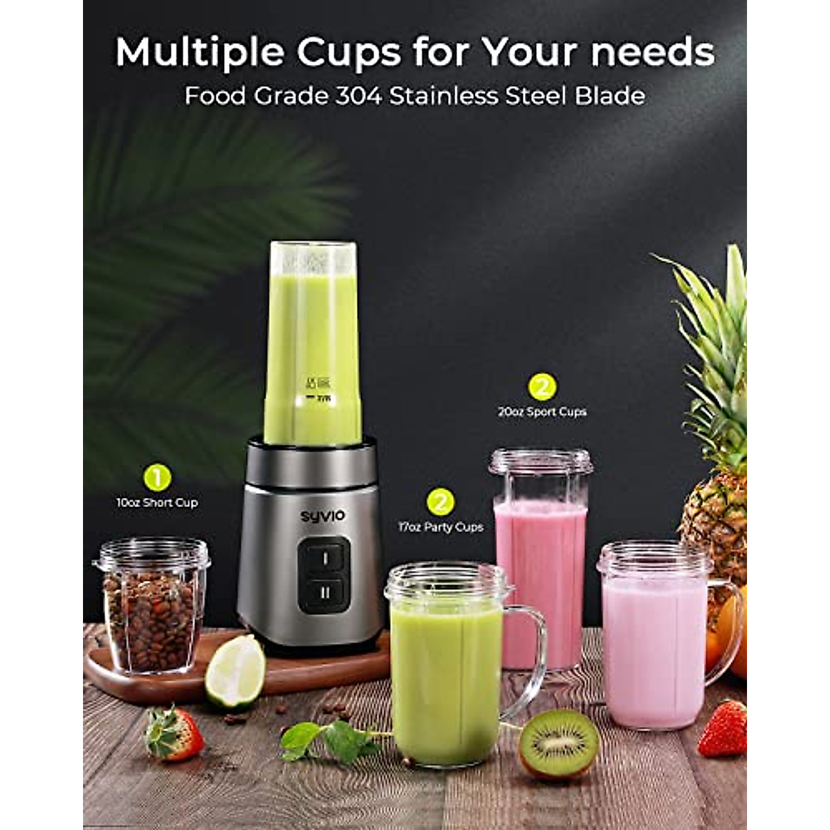 Syvio Blender for Shakes and Smoothies, 600W Personal Blender, Smoothie Blender with 2 BPA-Free 20 Oz Sport Cup, 2 Party Mugs, 1 * 10 Oz short cup,Easy to Clean