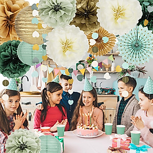 18 PCS Sage Green Party Decorations Sage Green Paper Fans Lanterns Sage and Gold Tissue Paper Pom Poms with Heart and Dot Hanging Garlands for Bridal Baby Shower Wedding Birthday Party Decorations