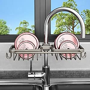 LuLusmoda Kitchen Sink Rack Faucet Sponge Holder Over The Sink Organizer Faucet Rack with Hook，A Free Dish Cloth Note：Round Pipe with Diameter 0.7-1.1 Inchs Can Be Used(Aluminum，Double,Elegant Gray