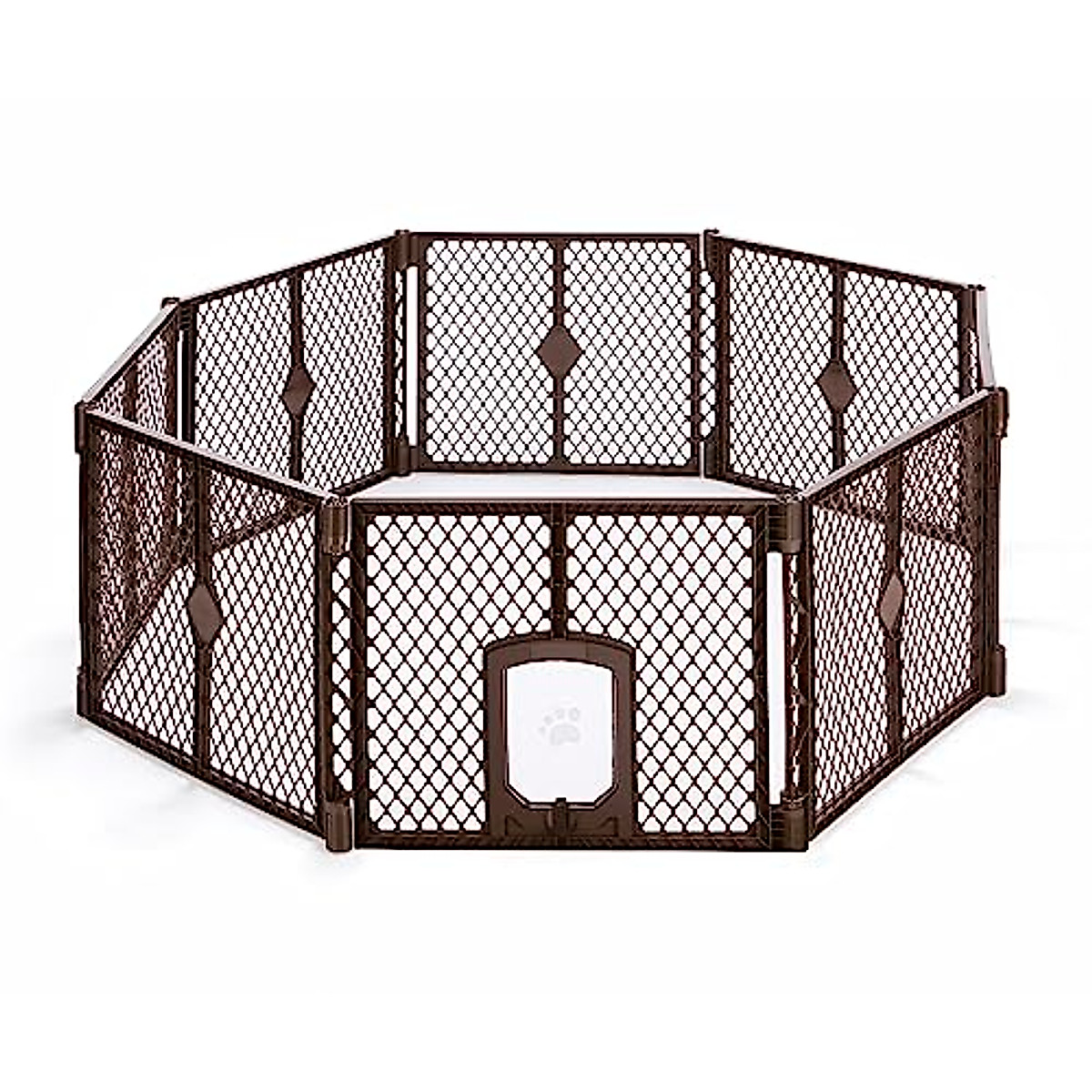 North States MyPet 34.4 Sq. Ft. Petyard Passage: Made in USA, 8-panel pet enclosure with lockable pet door. Freestanding. (26" Tall, Brown)