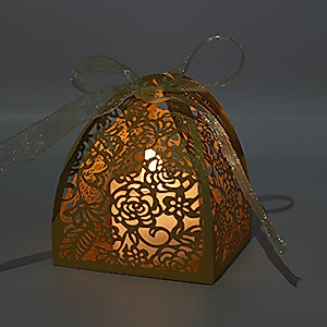 KPOSIYA Pack of 70 Laser Cut Rose Candy Boxes, Favor Boxes 2.5"x 2.5"x 3.1", Gift Boxes for Bridal Shower Anniverary Birthday Party Wedding Favor (Gold)