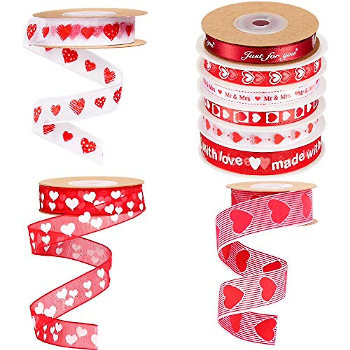 9 Rolls Valentine's Day Ribbons with Heart Printed and Sweet Words Love Ribbon Totally 65 Yards Assorted Ribbons in Different Width for DIY Wrapping, Hair Bow Clips, Party Decorating