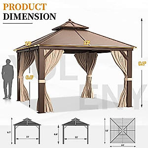 YOLENY 12'x12' Hardtop Gazebo with Galvanized Steel Double Roof, Pergolas Aluminum Frame, Netting and Curtains Included, Metal Outdoor Gazebos for Garden, Patios, Lawns, Parties