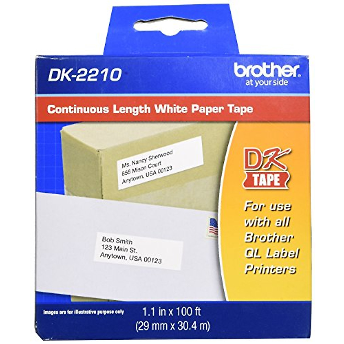 Brother Genuine DK-2210 Continuous Length Black on White Paper Tape for Brother QL Label Printers, 1.1" x 100' (29mm x 30.4M), 1 Roll per Box, DK2210