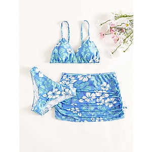 COZYEASE Girls' 3 Piece Set Floral Print Bikini Swimsuit with Drawstring Beach Skirt Cute Ruched Bathing Suit Multicolor Blue 14 Years