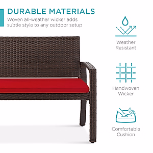 Best Choice Products Outdoor Bench 2-Person Wicker Garden Patio Benches Seating Furniture for Backyard, Porch w/Seat Cushion, 700lb Capacity - Brown/Red