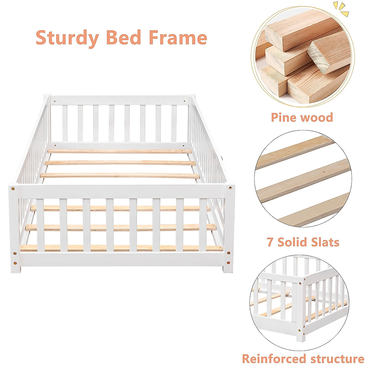 Bellemave Floor Bed for Kids,Twin Size Montessori Floor Bed with Door and Fence,Solid Wood Twin Bed Frame with Removable Slats for Girls Boys,Twin,White