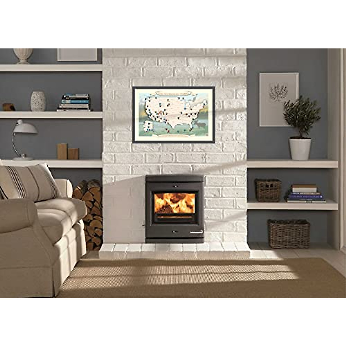 National Parks Map Push Pin, 3D Domed Stickers with 1 x 1.5 inch collection for passport book | Poster travel map in mahogany/black frame | Large map