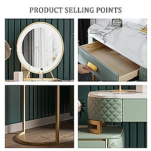Luxury Dressing Table with Microfibre Leather Wrapped, Modern Makeup Vanity Desk with 3 Solid Wood Drawers, Vanity Set with Rock Plate Tabletop, Side Cabinet, Mirror and Lights, Stool-39.4in/Green