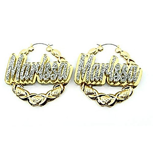 Name Necklace Plate Personalized Custom Nameplate and 2.5" XOXO Gold Earrings Made To Order Any Name Jewelry Set Laser Cut Diamond Look Glitter Script Cursive Letters, Quality Gold Chain, Stunning