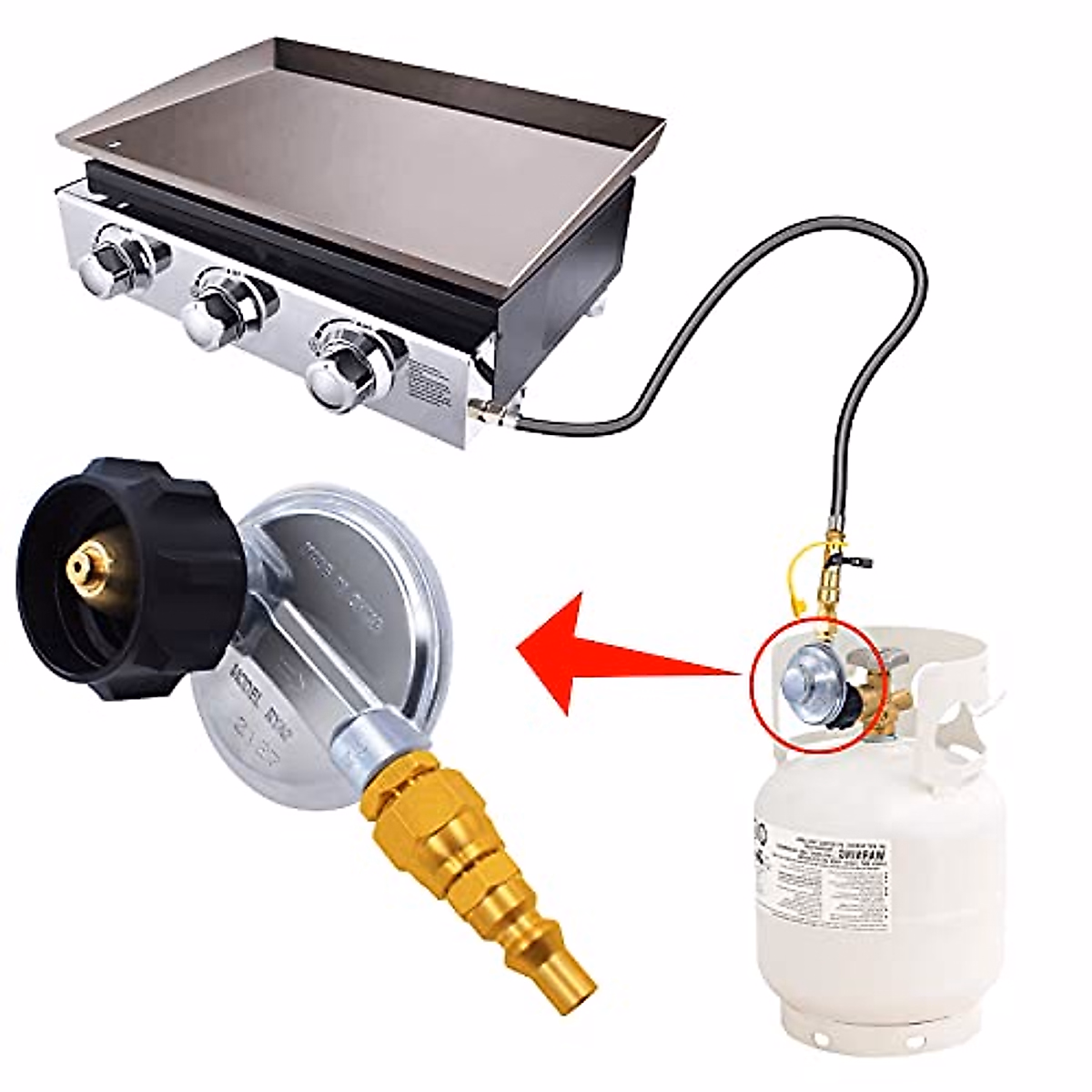 MCAMPAS 1/4" Quick Propane Gas Regulator, QCC1 Propane Adapter Gas Regulator Valve Fittings with1/4 Quick Connector Plug Converter 5lb -20lb Propane Tank Quick Connection Propane Hose for BBQ Grill
