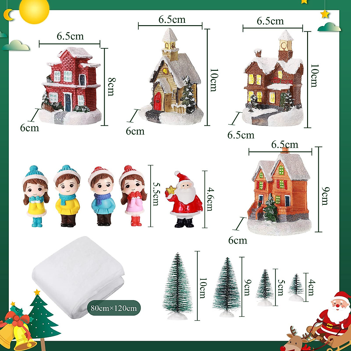18 Pcs Christmas Village Set Includes 4 LED Lighted Christmas Village Houses 4 Boys Girls Figurines Resin Santa Model 8 Mini Christmas Tree Snow Blanket Roll Winter Xmas Village Collection for Desktop