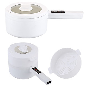 Lasuki Electric Hot Pot Rapid Noodles Cooker, Non-Stick Hot Pot Electric with Strainer 1.8L Large Cooking Pan for Omelet, Soup, Fondue, Pasta, Steak, Perfect for Dorm and Camping, Steamer, White