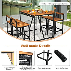 Tangkula 5-Piece Outdoor Acacia Wood Bar Table Set, Bar Height Outdoor and Rattan Dining Set, Rectangular Bar Table with Umbrella Hole and 4 Bar Stools for Patio, Garden and Backyard (Black)