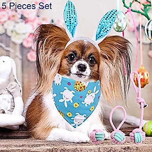 Dog Easter Bunny Costume, 5 Pieces Sequin Pet Rabbit Ears Headband Headwear, Rabbit Egg Bandana, Teething Chew Rope Ball Toy Set, Dog Easter Costumes for Small Medium Dogs Puppy Party Accessory (Blue)