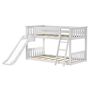 Max & Lily Solid Wood Twin over Twin Size Low Bunk Beds for Kids with Slide and Ladder, 400 lbs Weight Capacity, 14" Safety Guardrail, Anti-Slip Steps, White