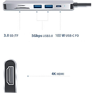 BEST CABLE USB C Hub Multiport Adapter - 6 in 1 Portable with 4K HDMI Output, 2* USB 3.0 Ports, SD/TF Card Reader,USB C 100W PD, Compatible with MacBook Pro, XPS More USB C Devices