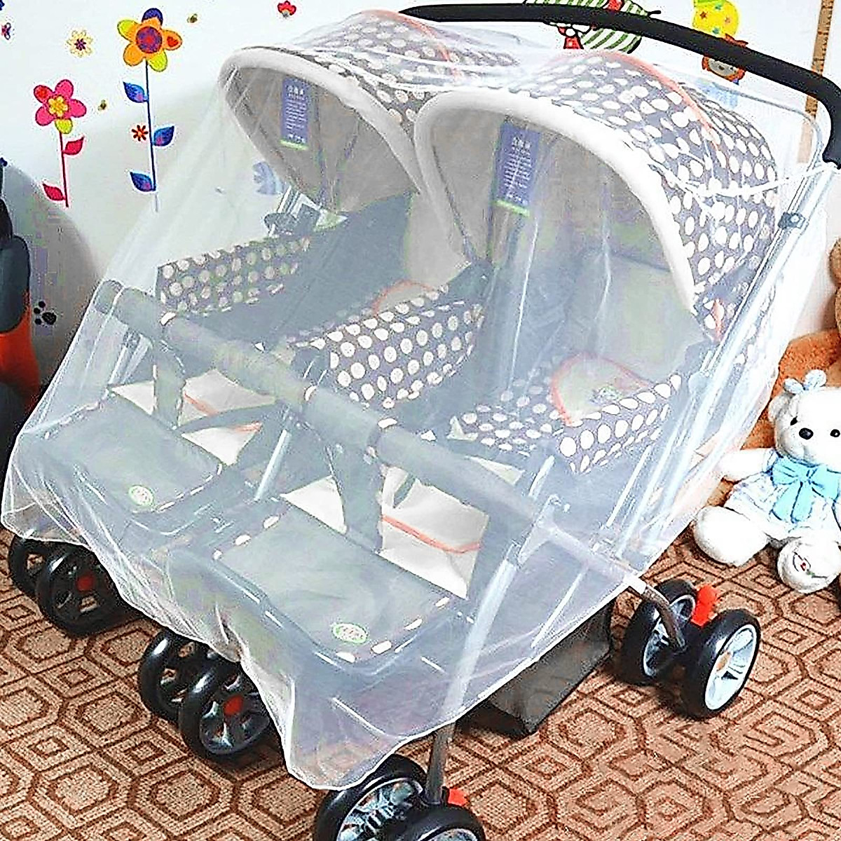 RUIXIA Twin Baby Stroller Full Cover Mosquito Netting Breathable Mesh Drawstring Mosquito Net for Infants Bassinet Cribs White for Twin Baby Stroller BABCOV Baby troller netting