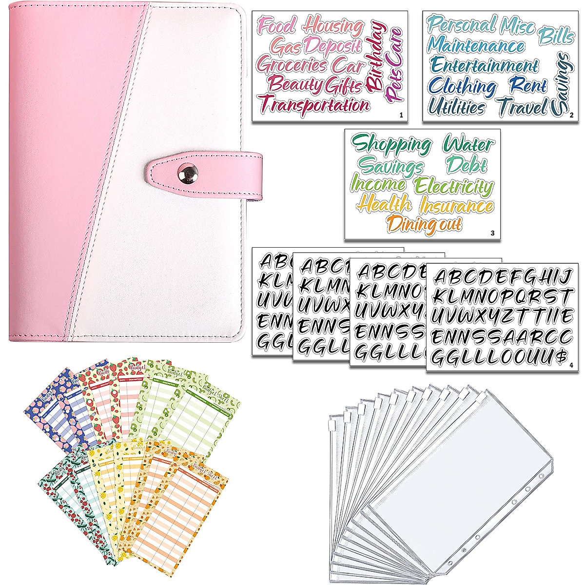 Budget Binder Color Block 30 Pcs A6 PU Leather Notebook Binder Planner Set, Personal Budget Planner Organizer 10 Cash Budget Envelopes Zipper Pockets 12 Budget Bill Planner Sheet 7 Label Stickers