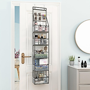 Fixwal 6-Shelf Over The Door Hanging Pantry Organizer Hanging Storage with Clear Plastic Pockets Behind The Door Storage Organizer with 3 Small PVC Pockets for Closet Bedroom Bathroom (Grey)