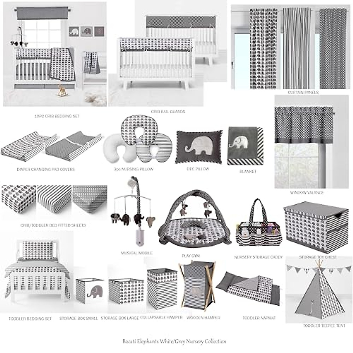 Bacati Elephants Unisex Fabric Storage Toy Chest to Keep Your Childs Room Organized, Grey