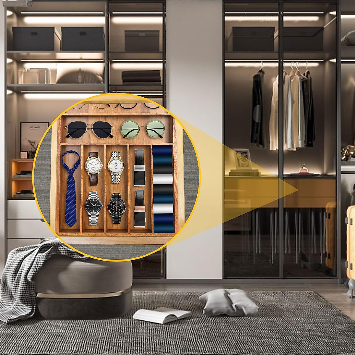 ORIDOM Expandable Bamboo Kitchen Drawer Organizer for Cutlery and Utensils, Adjustable Bamboo Wood Cutlery Tray in Drawer for Flatware and Silverware in Kitchen, 5-7 Slots, (Black)