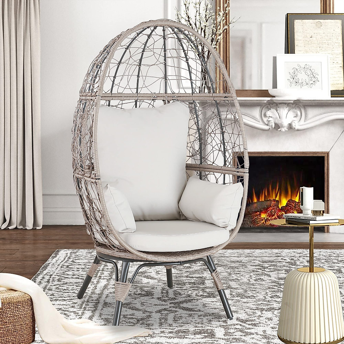 Patio Tree Outdoor Wicker Egg Lounge Chair, Patio Steel Rattan Lounge Chair with 4 Removable Cushions, Beige