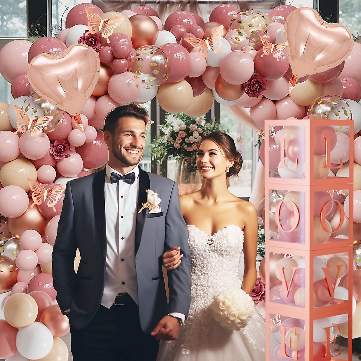 132pcs Rose Gold Baby Shower Decorations with Girl Baby Boxes, Boho Blush Pink Tan Butterfly Balloon Arch Kit Baby Box with Letters for Women Birthday Bridal Wedding Tea Party Valentine’s Day