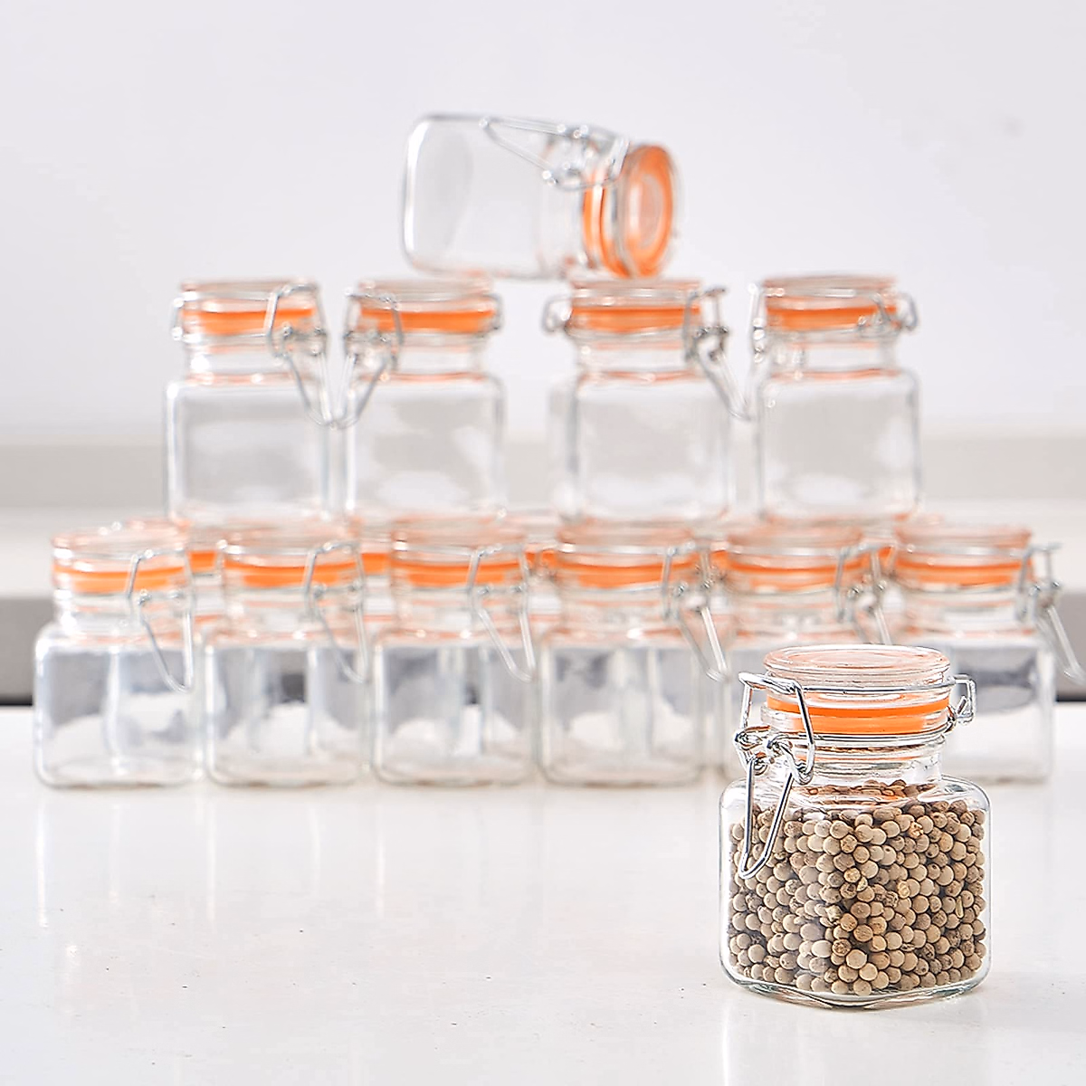 Homelike Style 3.4 oz Small Glass Spice Jars, Empty Mini Square Glass Spice Bottles with Airtight Flip Top Lids, Chalkboard Labels and Collapsible Funnel for Home and Kitchen-24 Pack