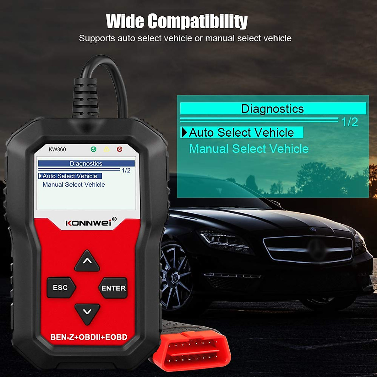 KONNWEI KW360 Full System OBD2 Diagnostic Scanner for Mercedes Benz Code Reader Automotive Check Engine Light EPB ABS SRS OBDII Scan Tool Oil Throttle Position Adaption Brake Pad Reset Tool