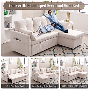 DAMAIFROM Convertible Sofa Bed Sleeper, 3 Seater L-Shaped Sleeper Sectional Sofa with Storage Chaise, Comfy Corduroy Couch, Upholstered Pull Out Sofa Bed for Living Room, Beige