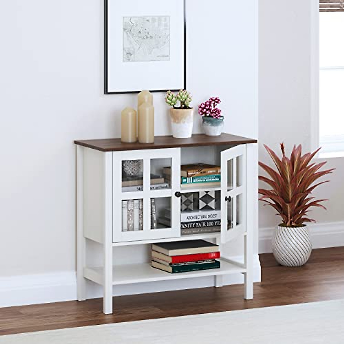 Spirich Home Sideboard Buffet Cabinet, Kitchen Storage Cabinet with 2 Glass Doors and Adjustable Shelf, Wood Cupboard Console Table for Dining Room White
