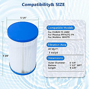 303279 Spa Filter Compatible with Watkins 𝟯𝟬𝟯𝟮𝟳𝟵, 𝗙𝗖-𝟮𝟰𝟬𝟮, PFF42TC-P4, 78460, SD-01322, 5CH-37, LSX1057 Free Flow and Lifesmart Hot Tub Filter, 1 1/2" MPT Finer Thread Spa Filter - 2 Packs