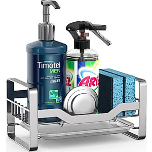 Utobao Kitchen Sink Caddy Sponge Holder, Kitchen Caddy 304 Stainless Steel Soap Holder for Kitchen Sink, Kitchen Sink Organizer Countertop with Removable Drain Tray-Silver