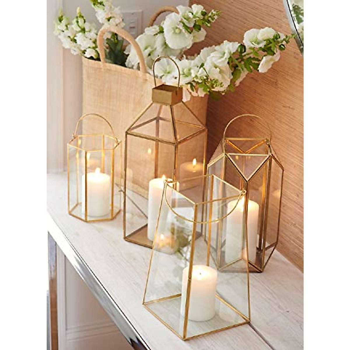 Serene Spaces Living Large Gold Decorative Hurricane Lantern Candle Holder with Glass Panels, 16" Tall